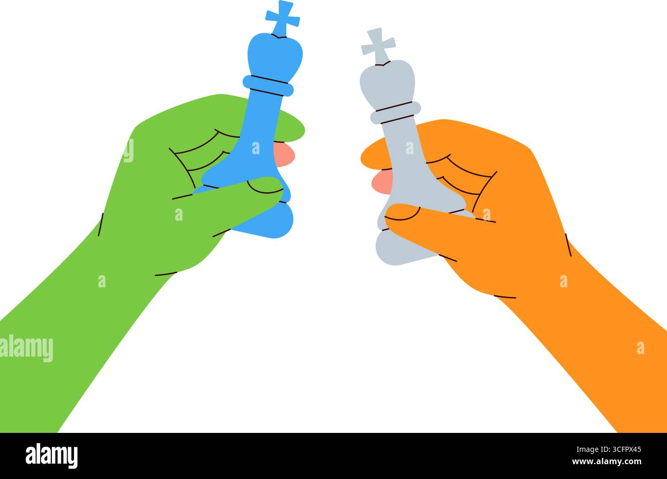 Two colorful hands holding opposing kings showing rivalry, competition ...