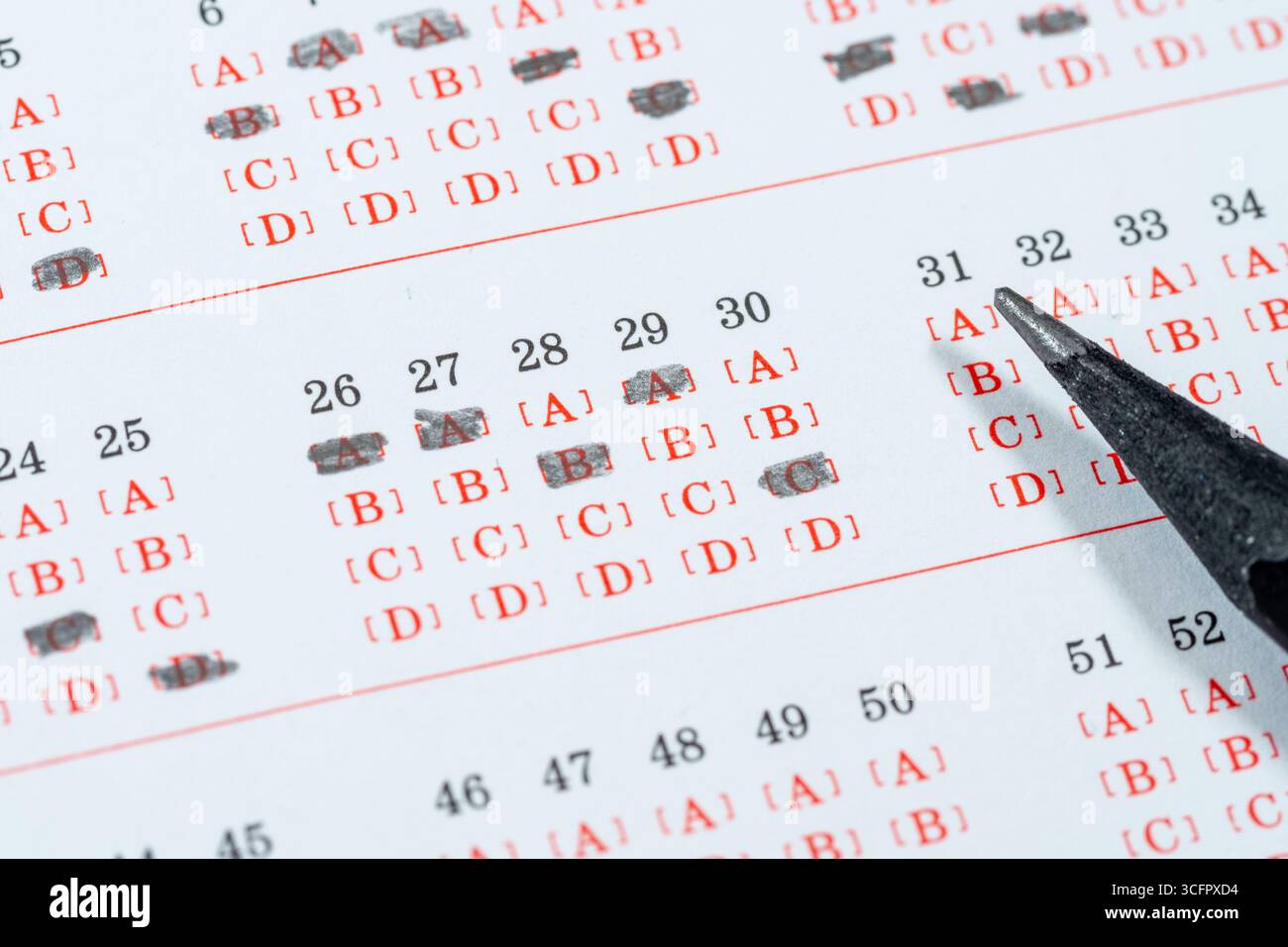 A close-up shot of an answer sheet with pencil marks, showing the ...