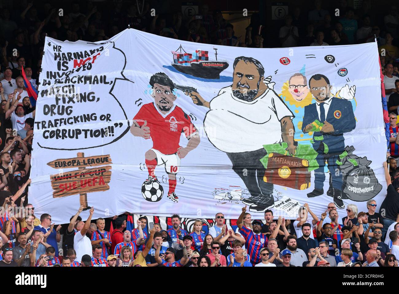 Banner by Crystal Palace fans about Nottingham Forest owner during the Premier League match ...