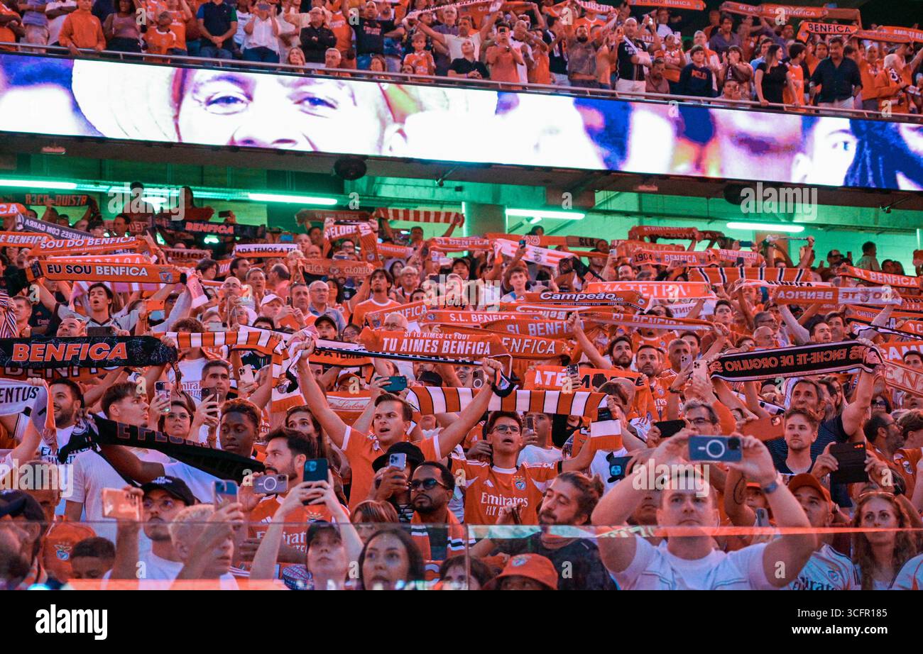 Lisbon, Portugal. 23 Aug 2025. Benfica fans cheer during the Liga ...