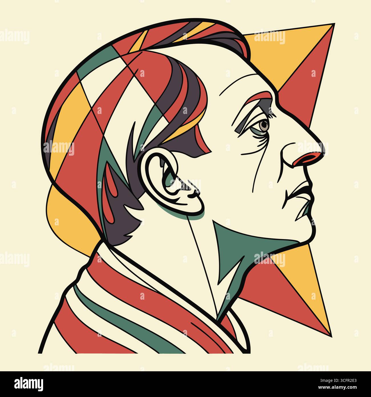 This abstract artwork features a stylized human profile composed of ...