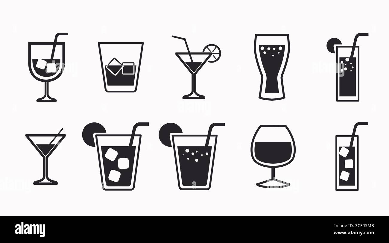 Drinks Icon Set. Vector isolated editable back and white set of ...