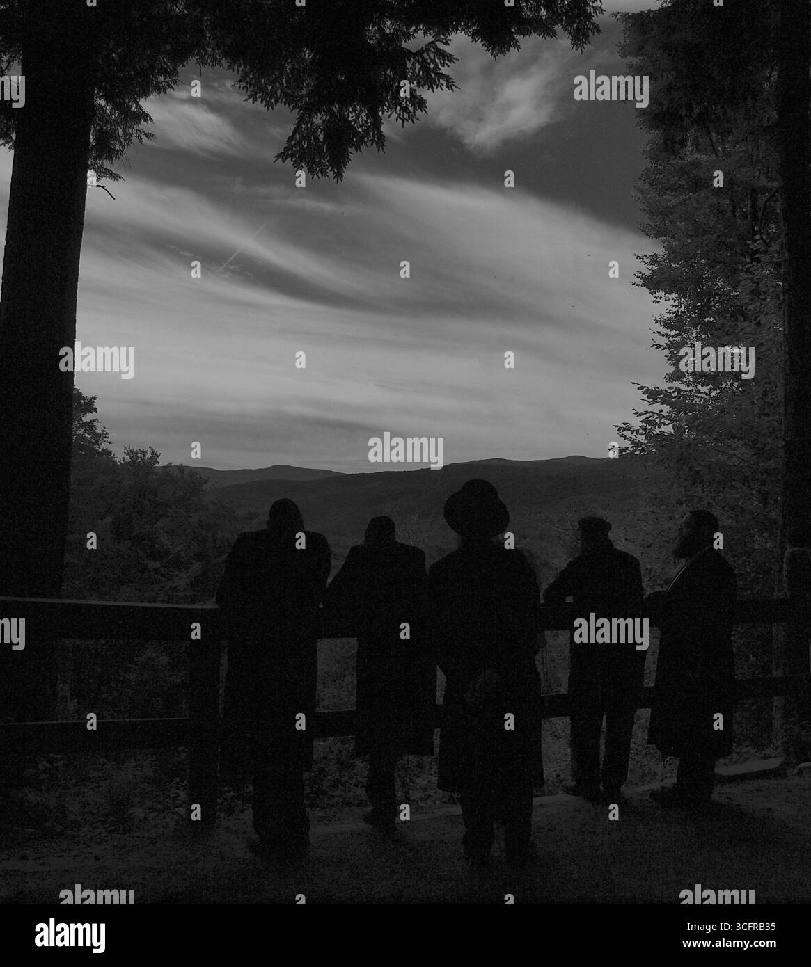 Five Hasidic men seen looking from an overlook in a New England State ...