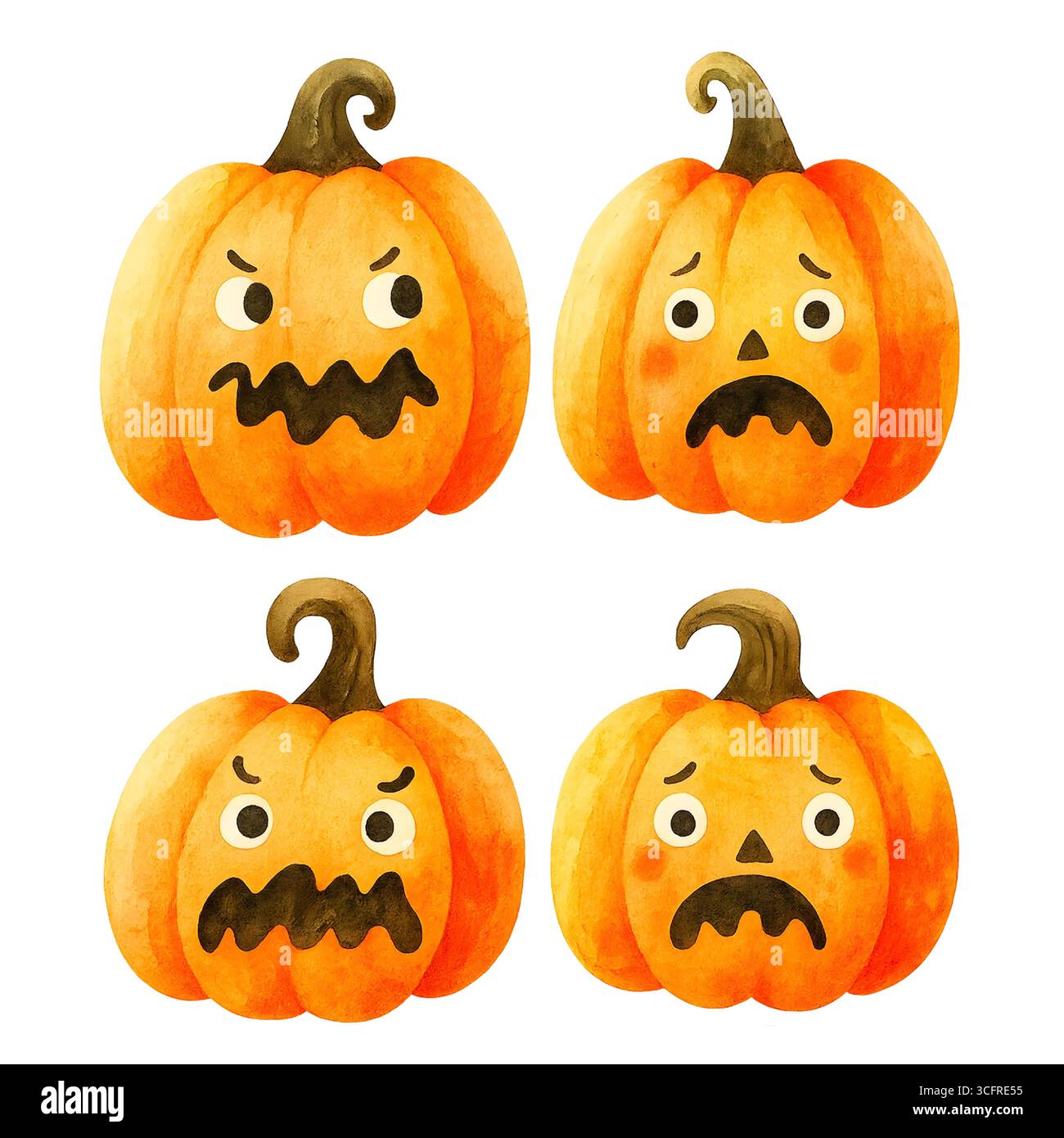 Set of 4 Halloween Pumpkins Watercolor Clipart, Spooky Jack o’Lanterns ...