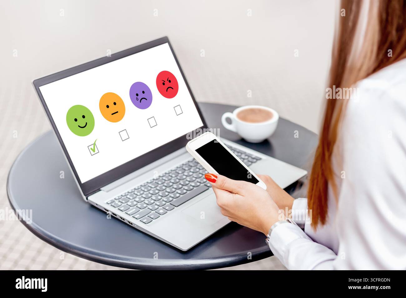 mental health concept. icons with emoticons in the laptop. the girl ...