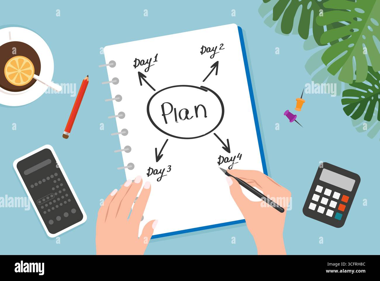 Notebook planner for describing creative ideas. Female hands draw a ...