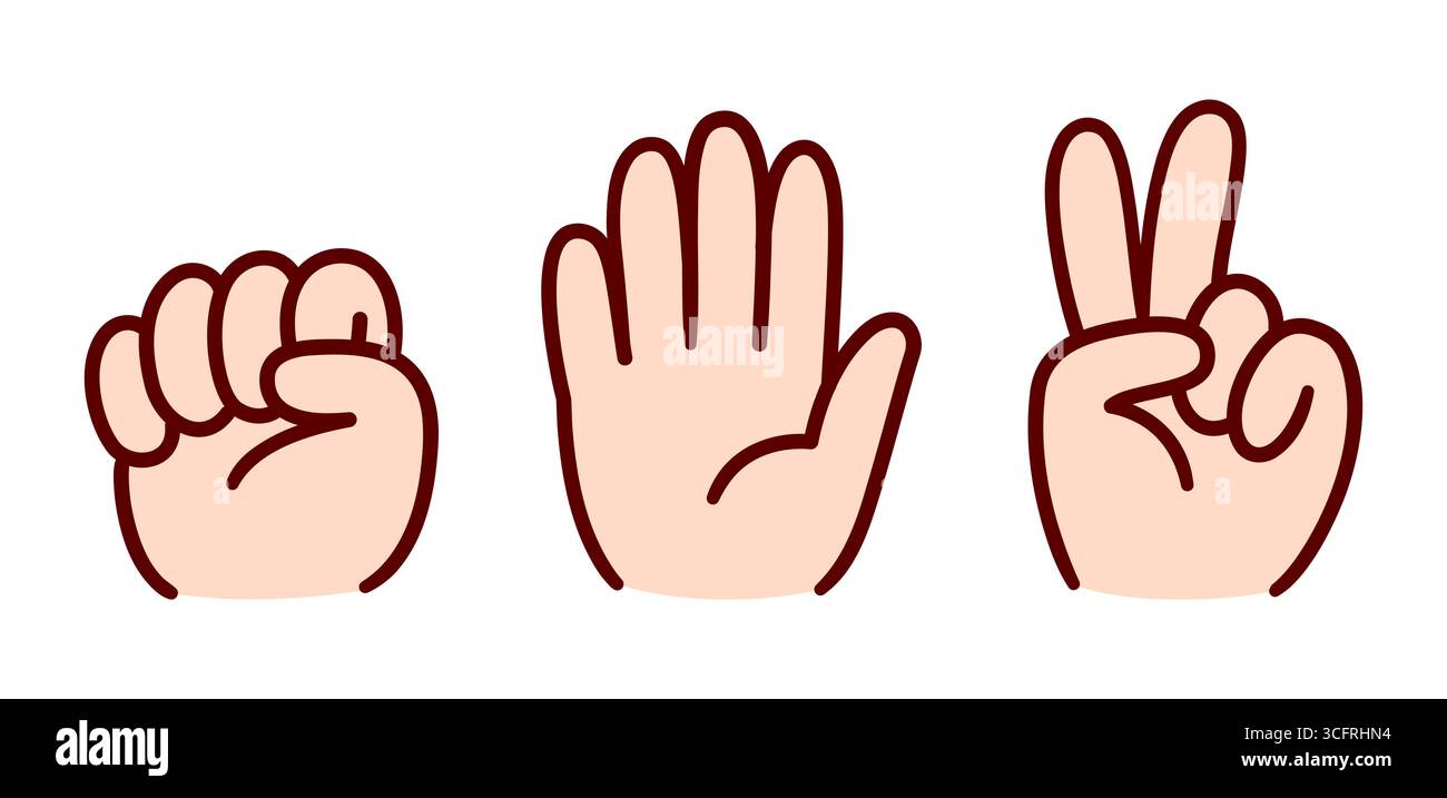 Rock Paper Scissors game, hand drawn doodle gesture icons. Cute cartoon style vector ...