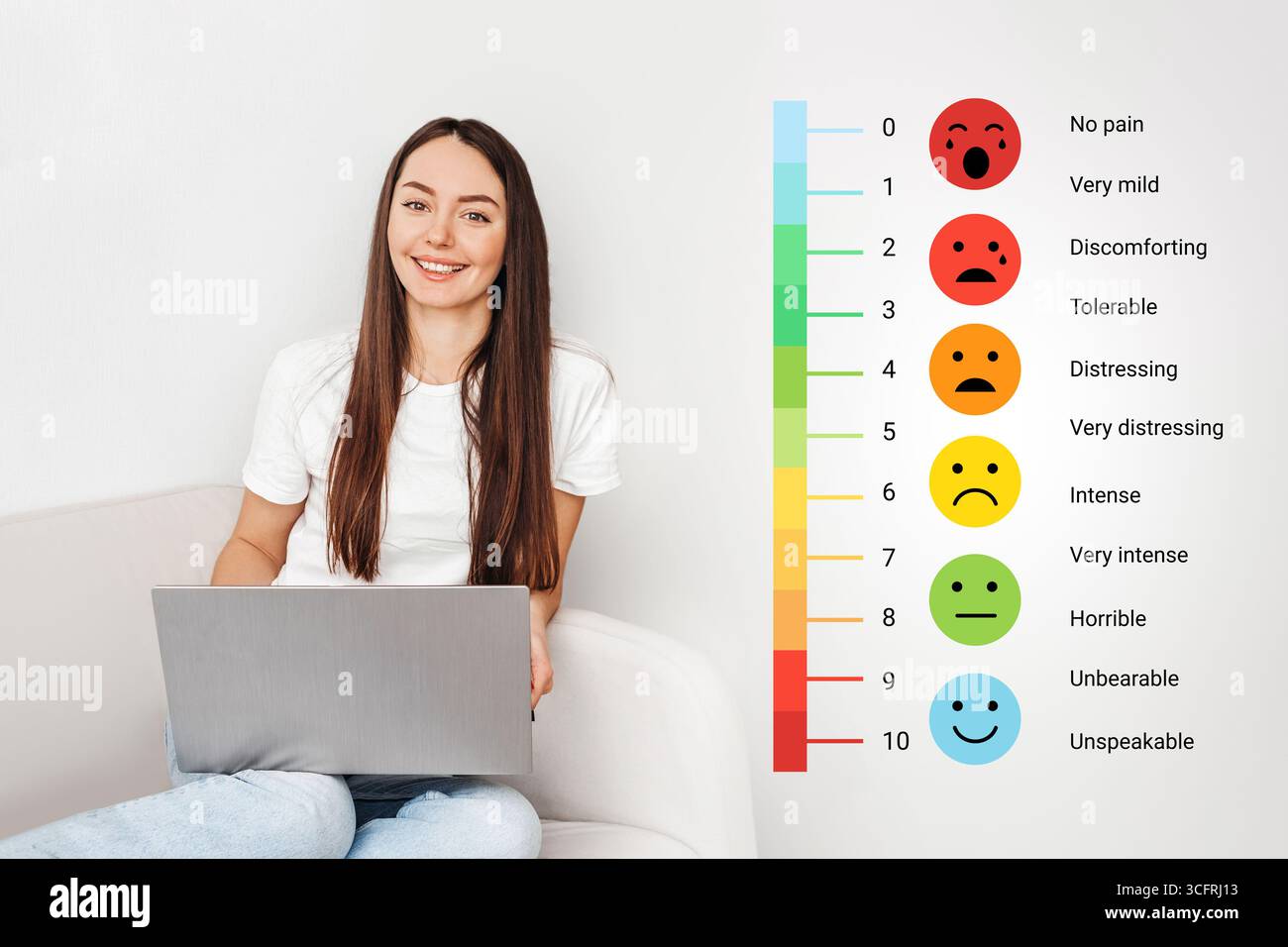 vertical pain measurement scale. Colorful set of emotion icons. A girl ...