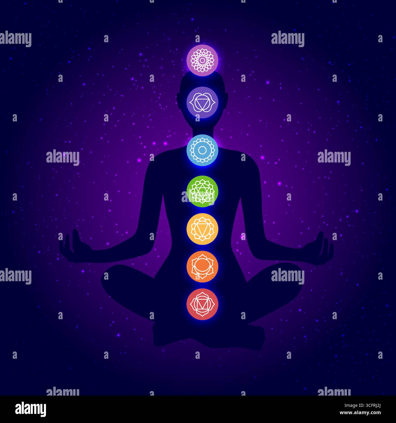 human body silhouette with chakras icons. Meditating woman in lotus ...
