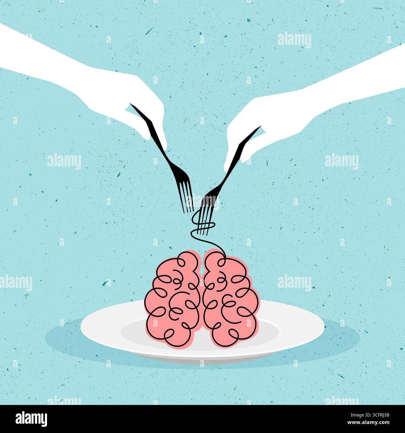 Human brain on a plate. Female hands hold a fork and twist the brain ...