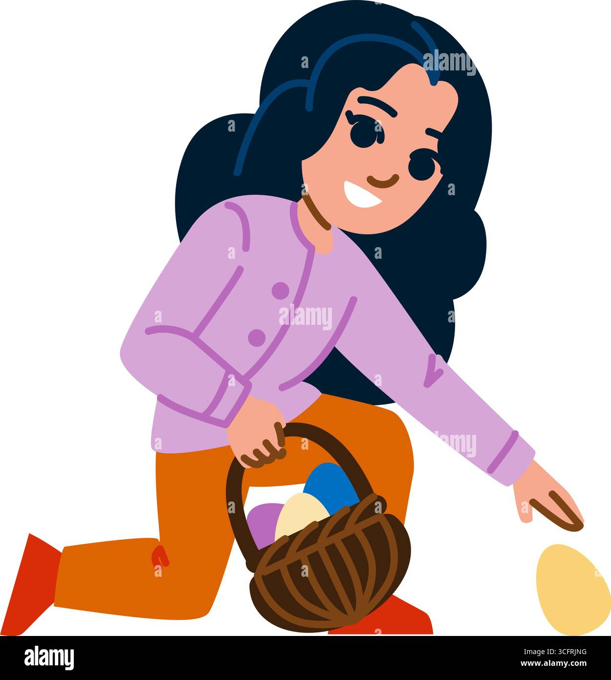 Girl collecting easter eggs during egg hunt putting them in a wicker ...
