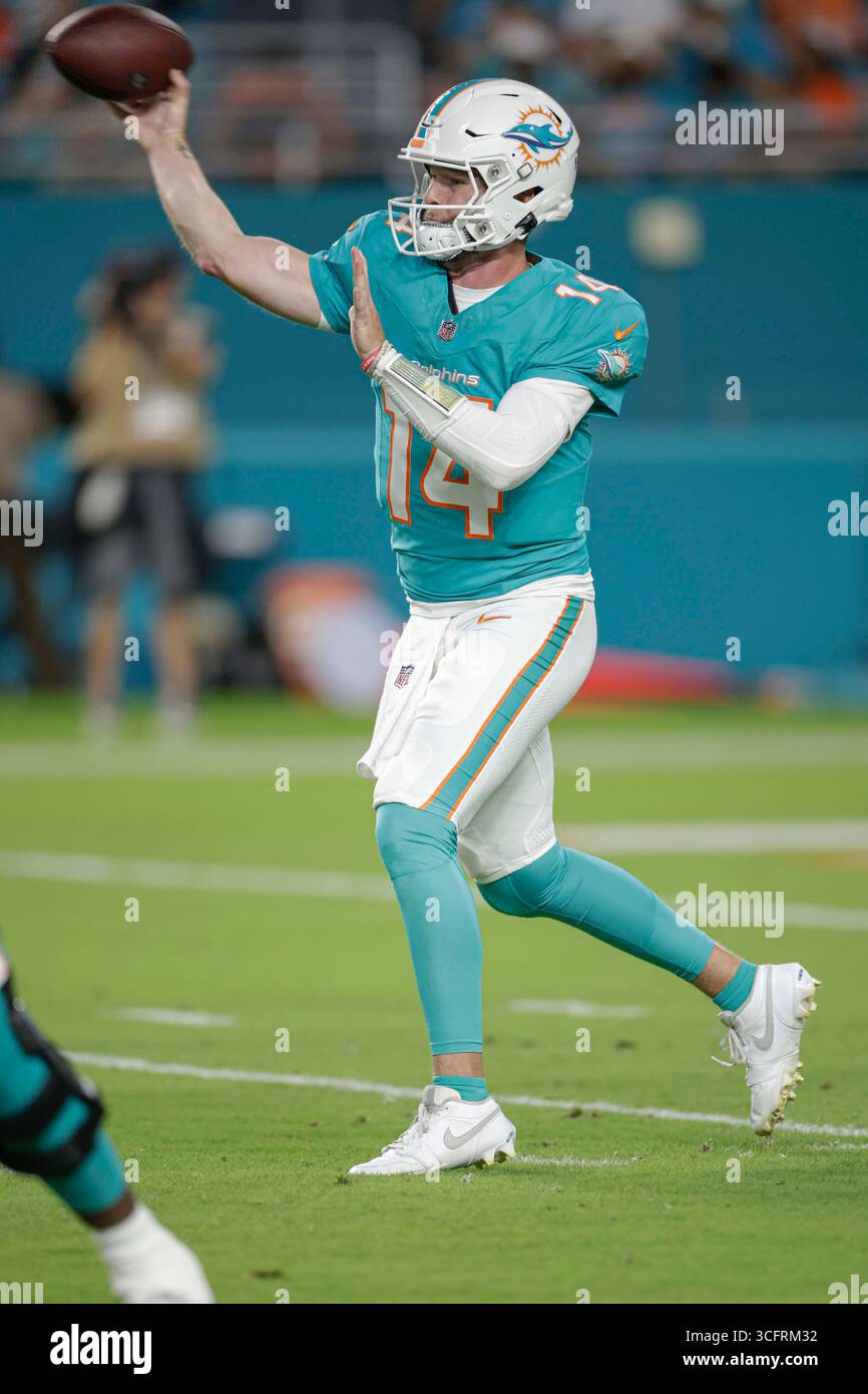 Miami Gardens, FL USA; Miami Dolphins quarterback Quinn Ewers (14 passes the ball during an NFL ...
