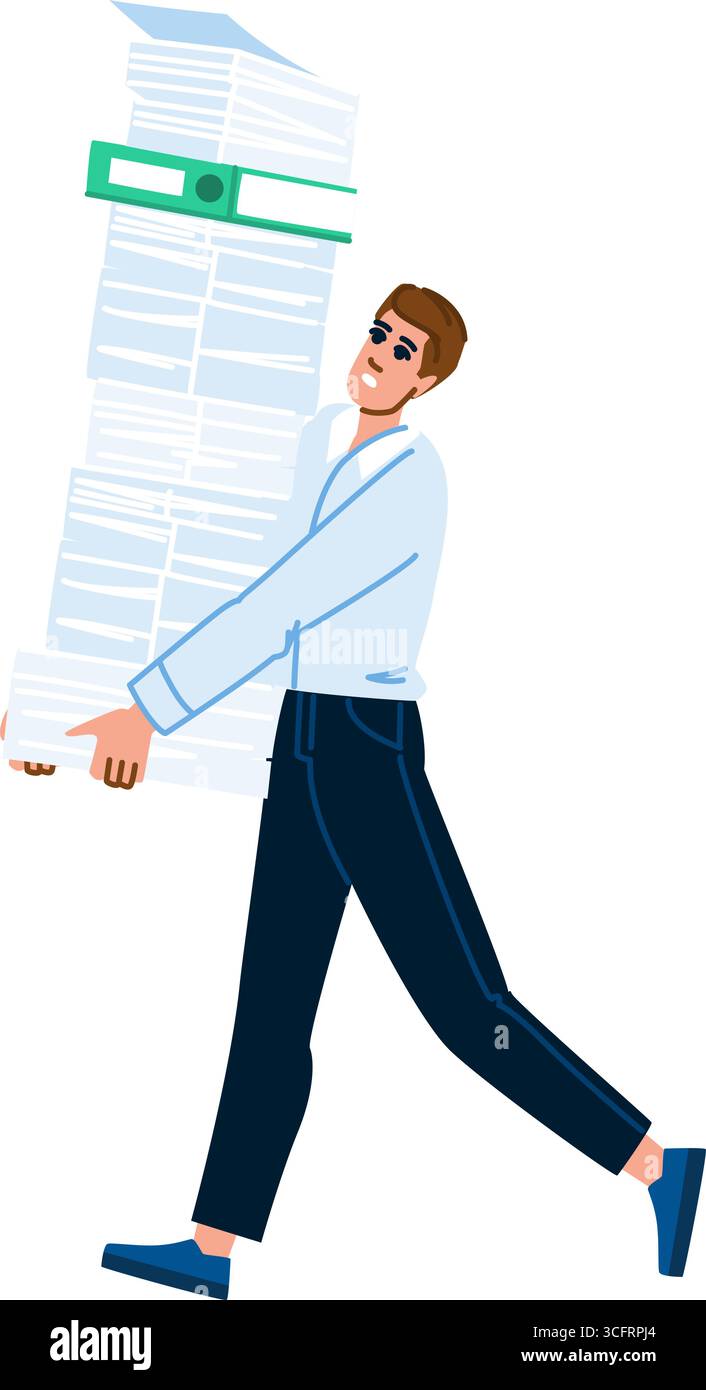 Office worker carrying a large stack of paperwork and struggling with ...