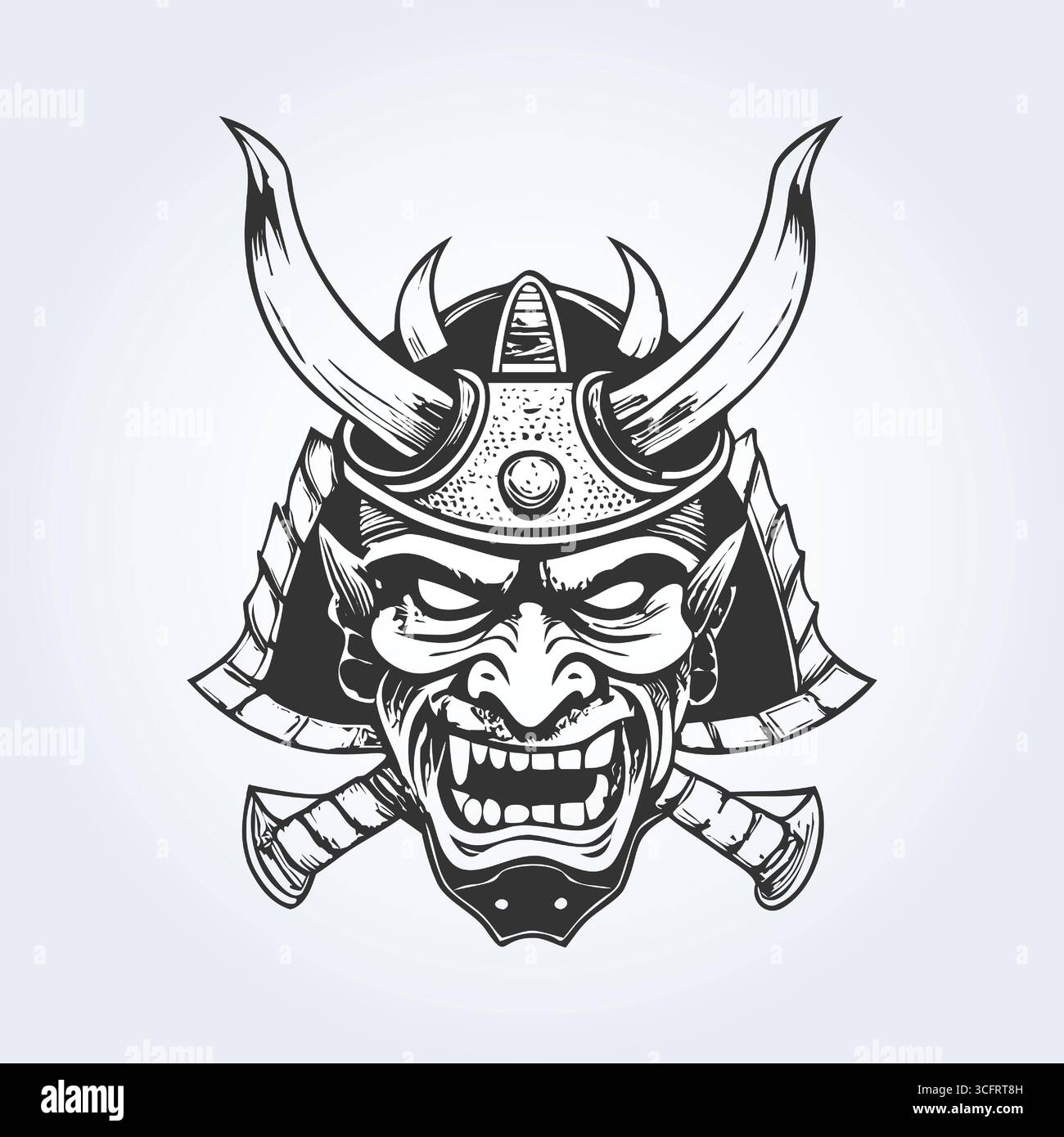 a flat illustration of a samurai mask, an oni helmet, open eyes, and an ...