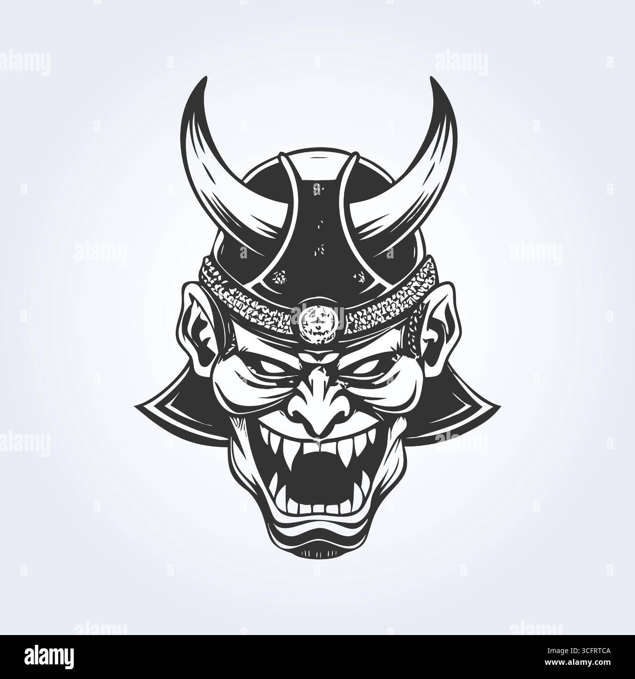 a flat illustration of a samurai mask, an oni helmet, open eyes, an ...