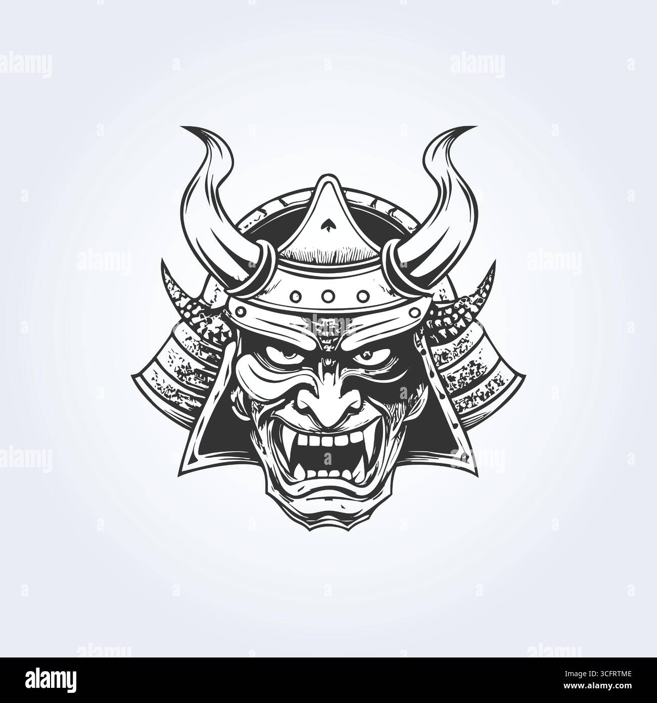 a flat illustration of a samurai mask, an oni helmet, an angry face ...
