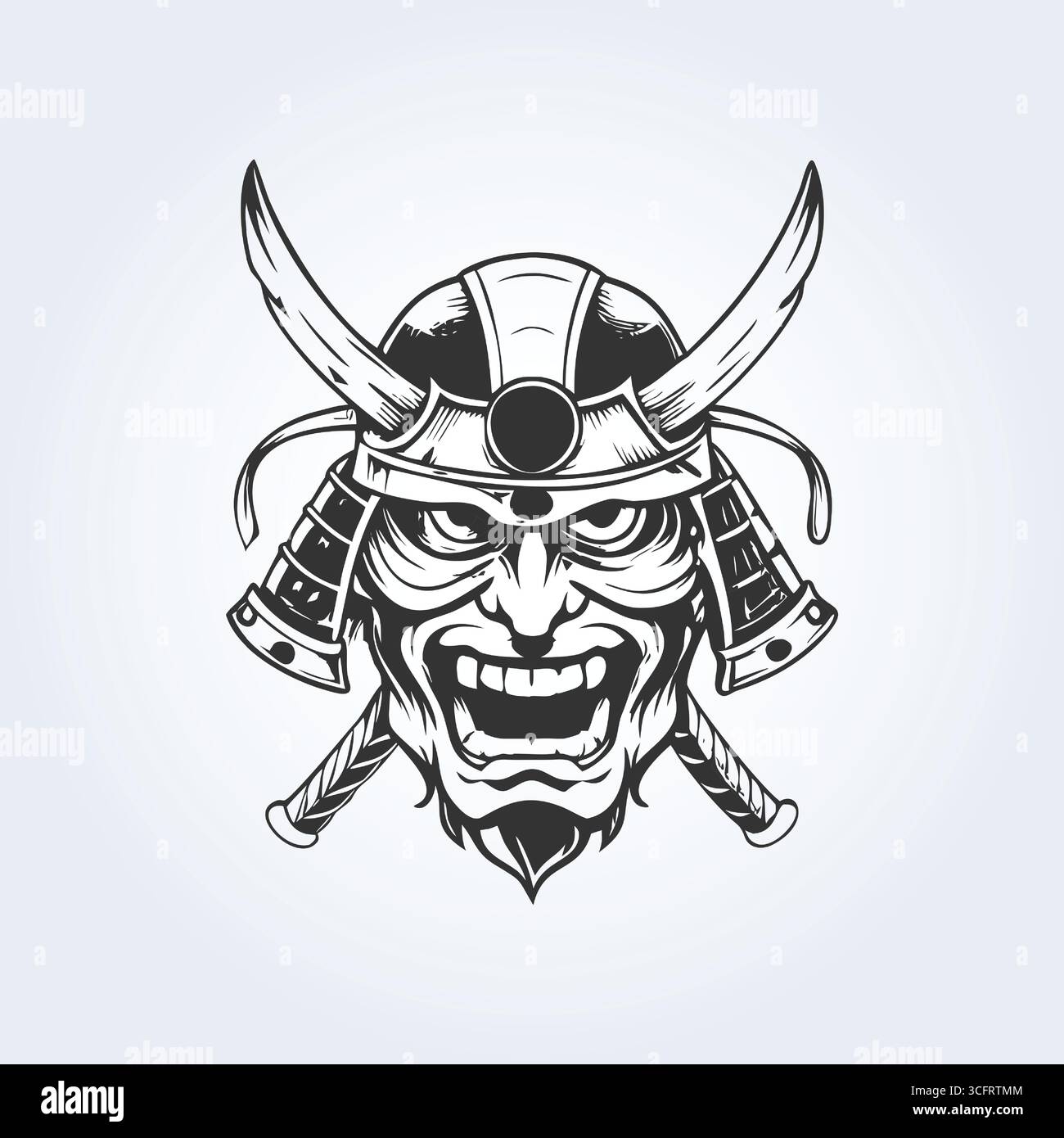 a flat illustration of a samurai mask, an oni helmet, an angry face ...