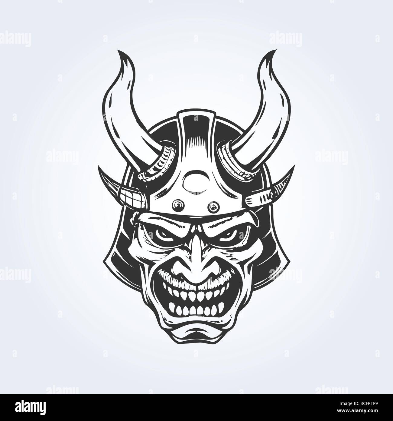 a flat illustration of a samurai mask, an oni helmet, horns, and open ...