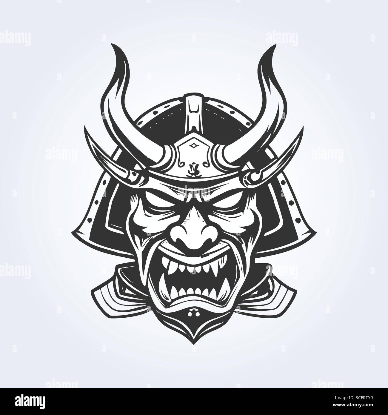 a flat illustration of a samurai mask, an oni helmet, white eyes, an ...