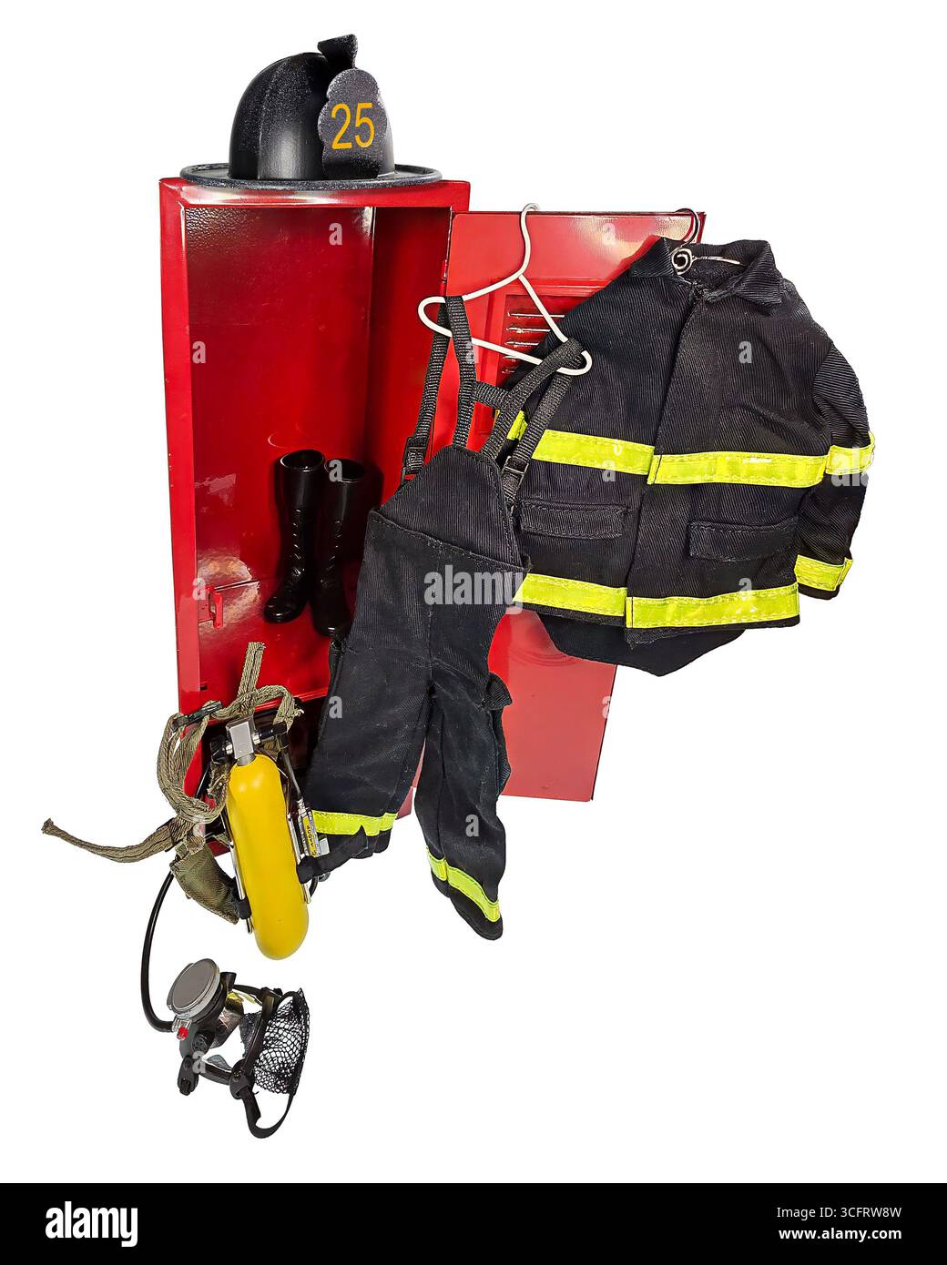 A fireman's outfit and helmet on a red locker Stock Photo - Alamy