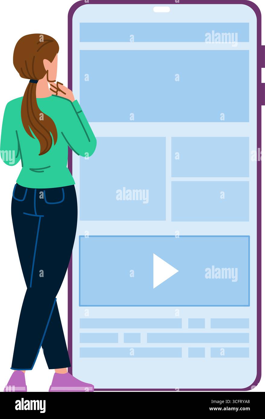 Woman watching video on giant smartphone, thinking and choosing online ...