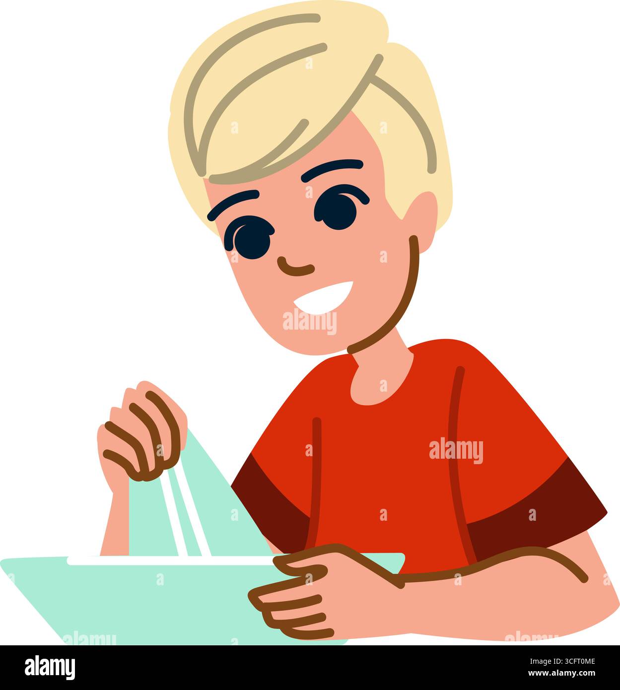 Blond boy making origami with paper and smiling Stock Vector Image ...