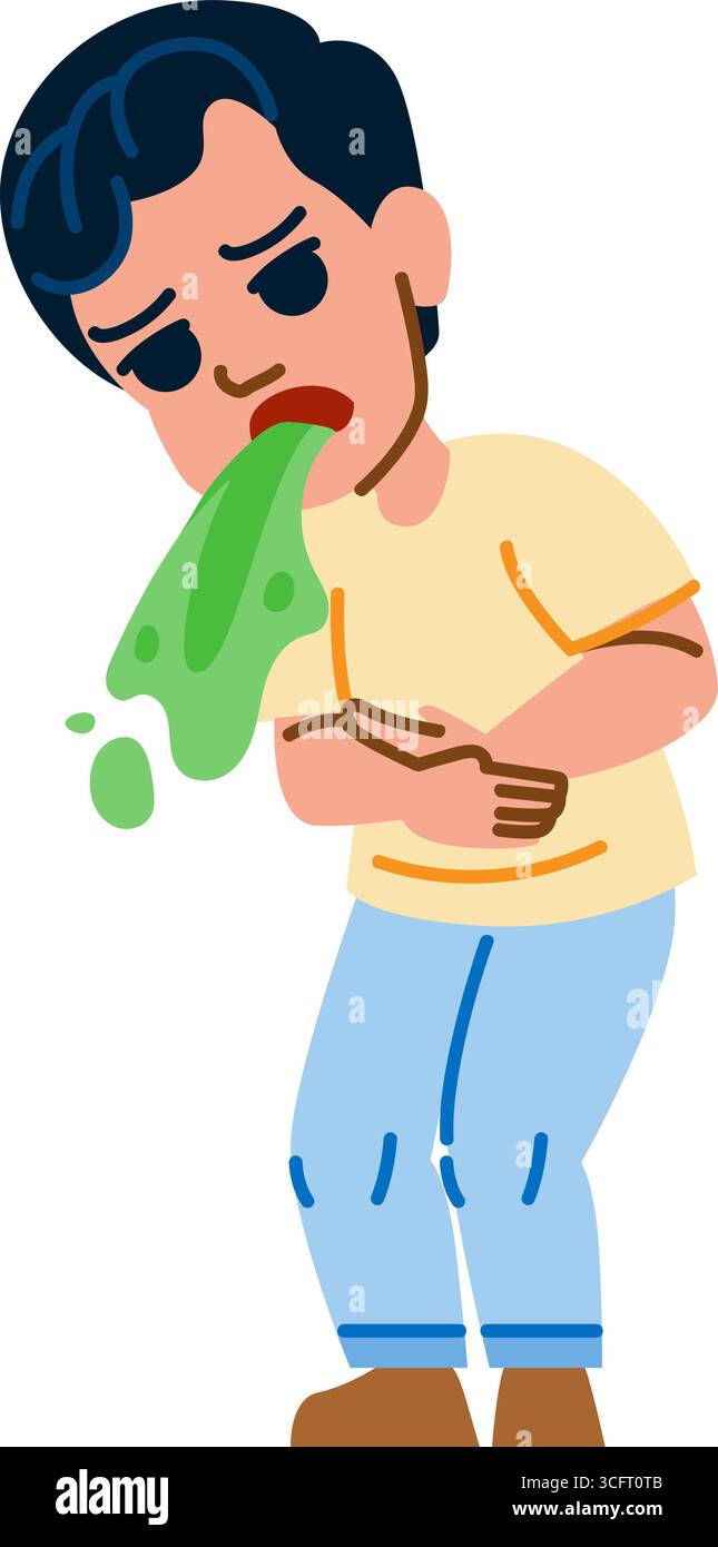 Sick boy vomiting green liquid holding stomach suffering from food ...