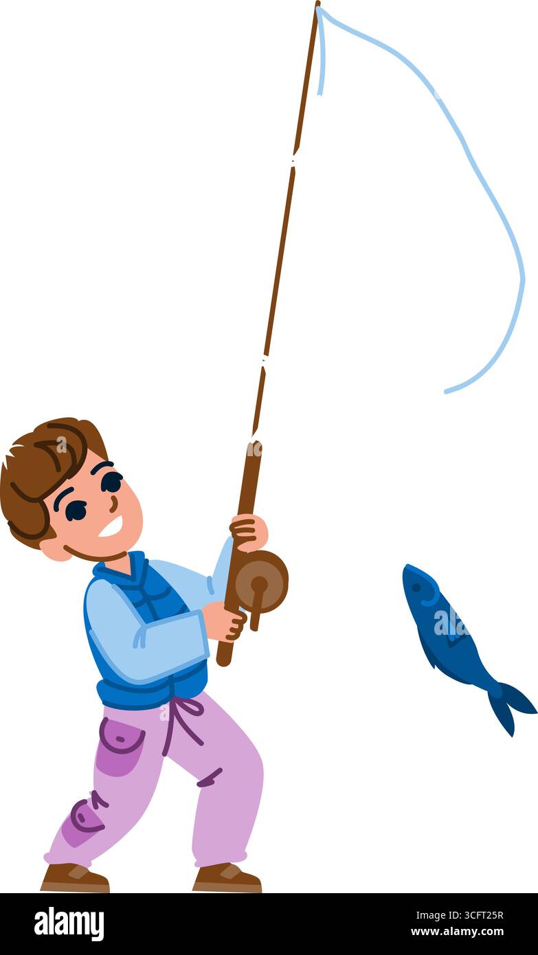Happy child catching fish with fishing rod, illustration Stock Vector ...