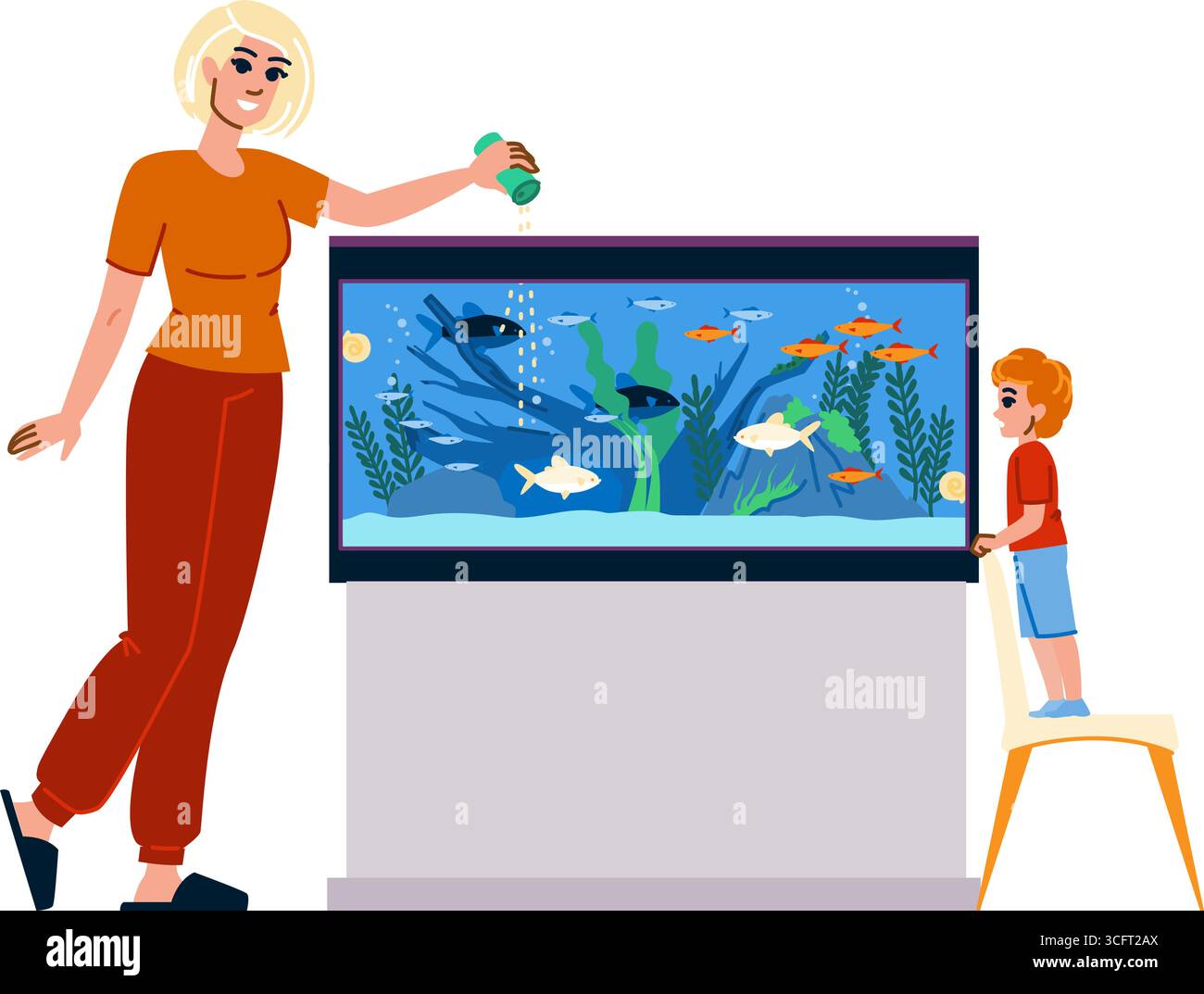 Mother and son feeding fish in home aquarium Stock Vector Image & Art ...
