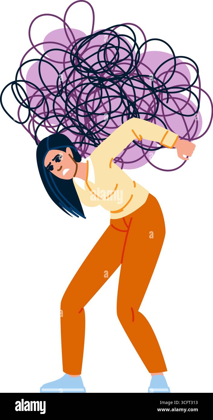 Stressed woman carrying tangled mess representing problems and stress ...