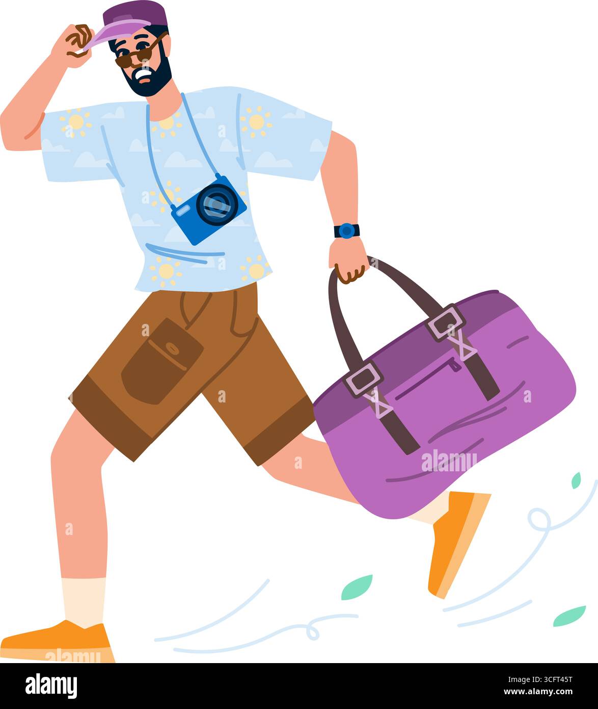 Tourist running to catch transportation with travel bag and camera ...