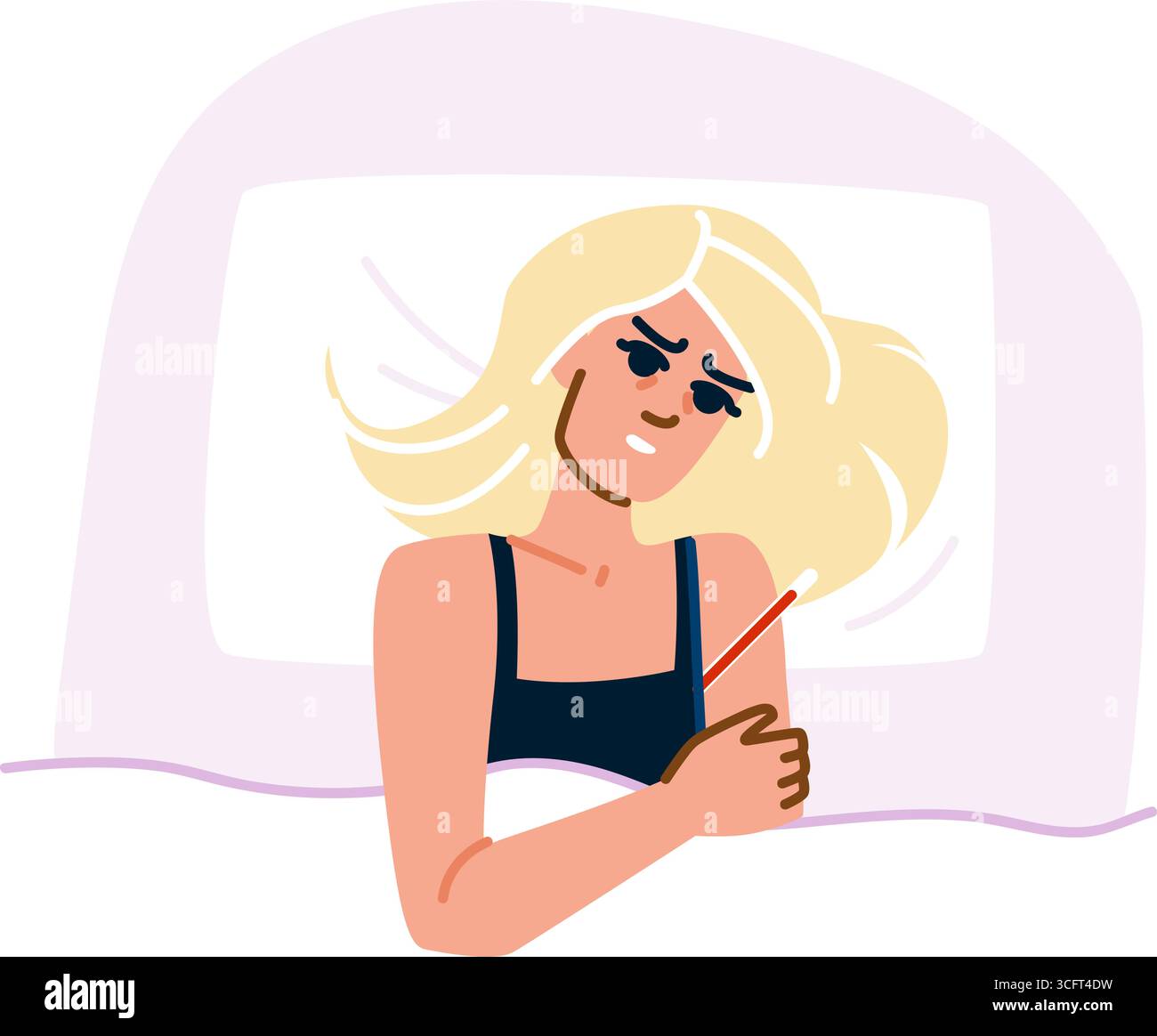 Sick woman checking fever with thermometer in bed Stock Vector Image ...