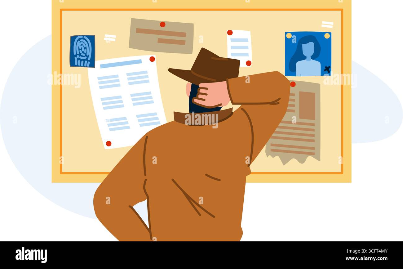 Detective investigating crime, examining evidence board with suspect ...