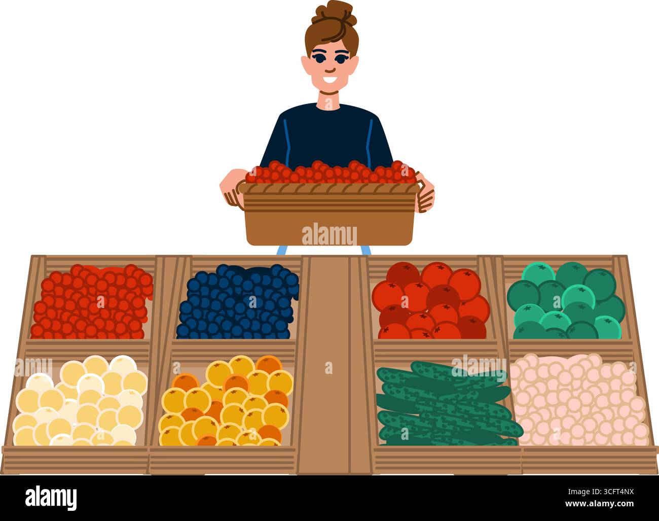 Greengrocer holding crate with fresh produce at farmers market stall ...