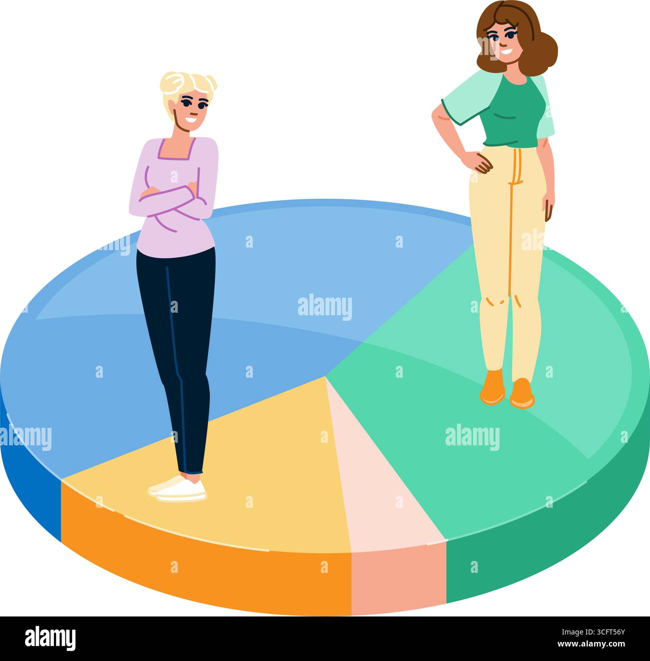 Businesswomen standing on pie chart representing market share Stock ...