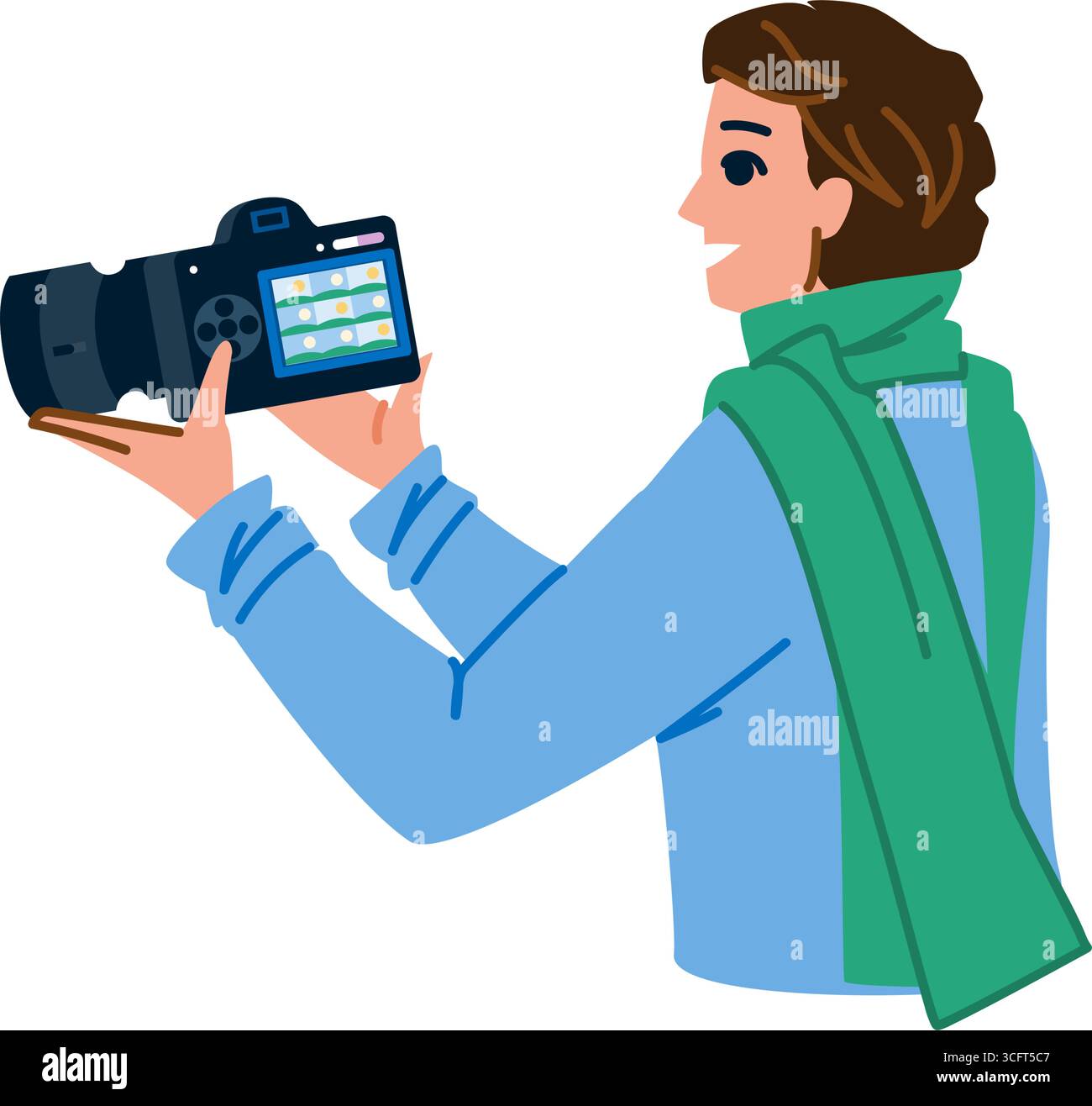 Photographer reviewing photos on camera screen, smiling and enjoying ...