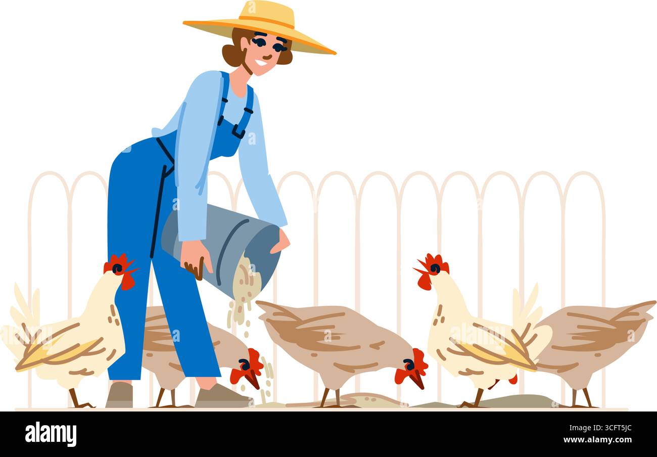 Farmer woman feeding chickens in chicken coop on farm Stock Vector ...