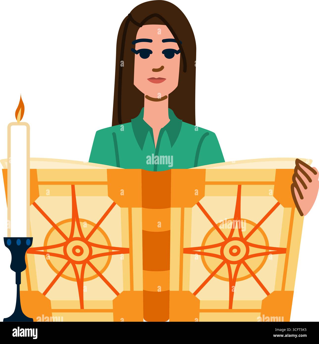 Woman reading esoteric grimoire by candlelight, occult study Stock ...