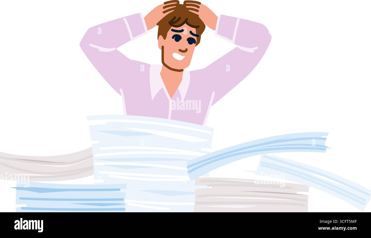 Stressed office worker holding head under pile of paperwork Stock ...