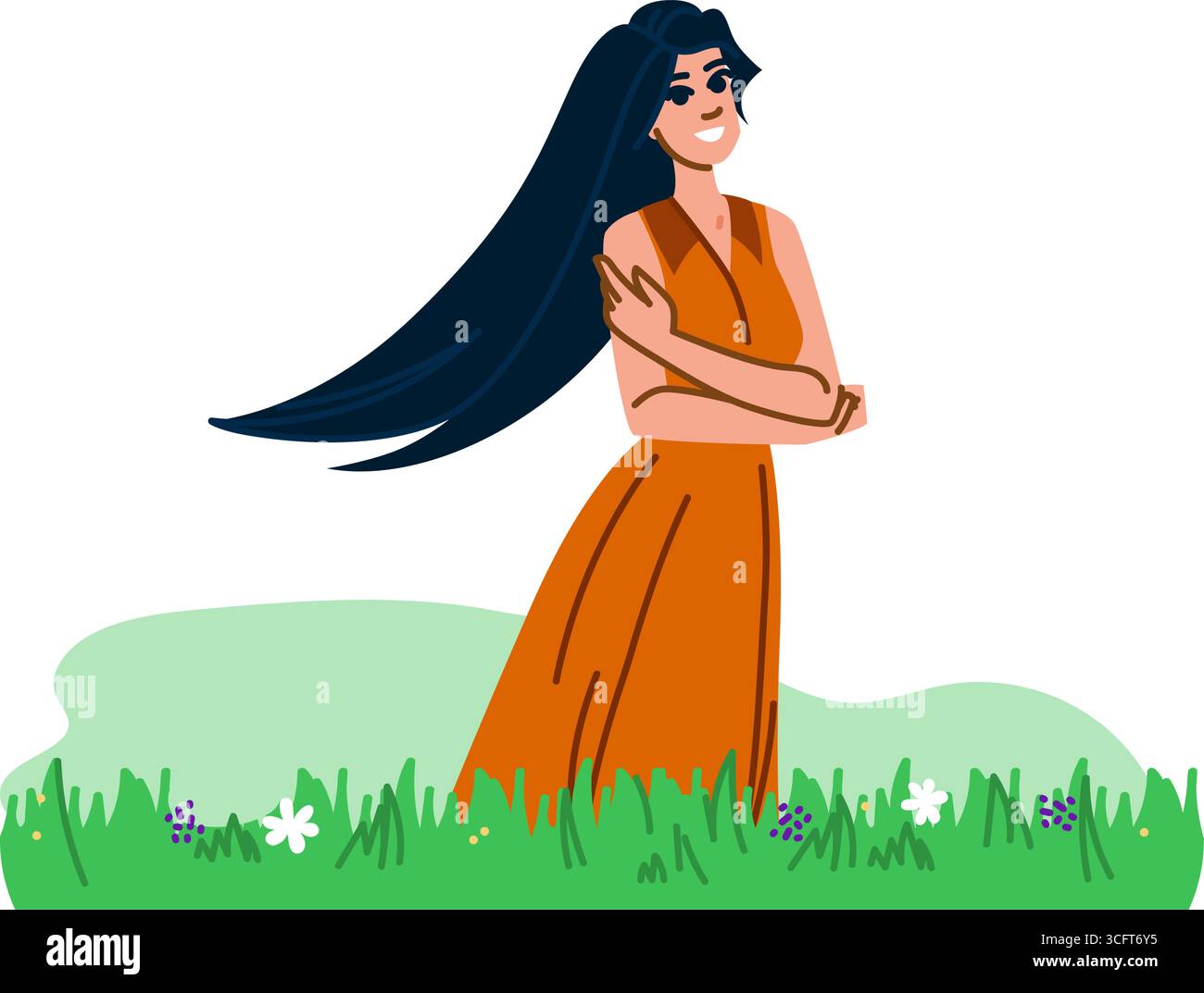 Smiling woman standing in green meadow with long hair blowing in wind ...