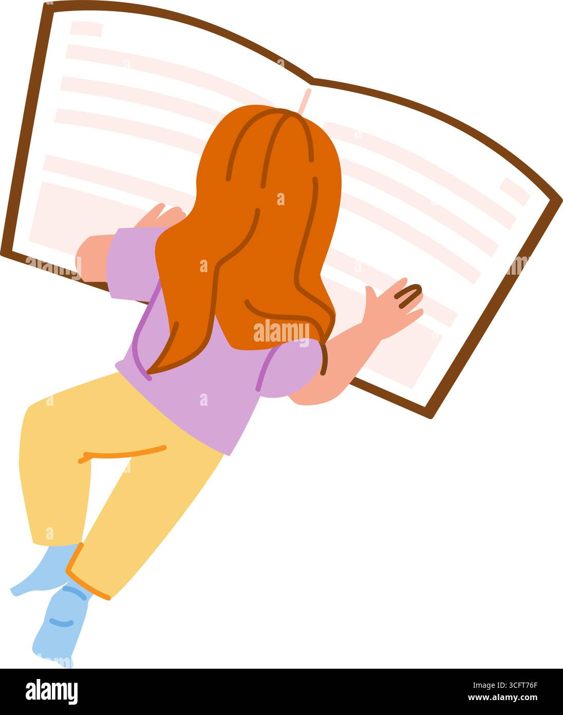 Redhead girl reading open book lying on floor top view Stock Vector ...