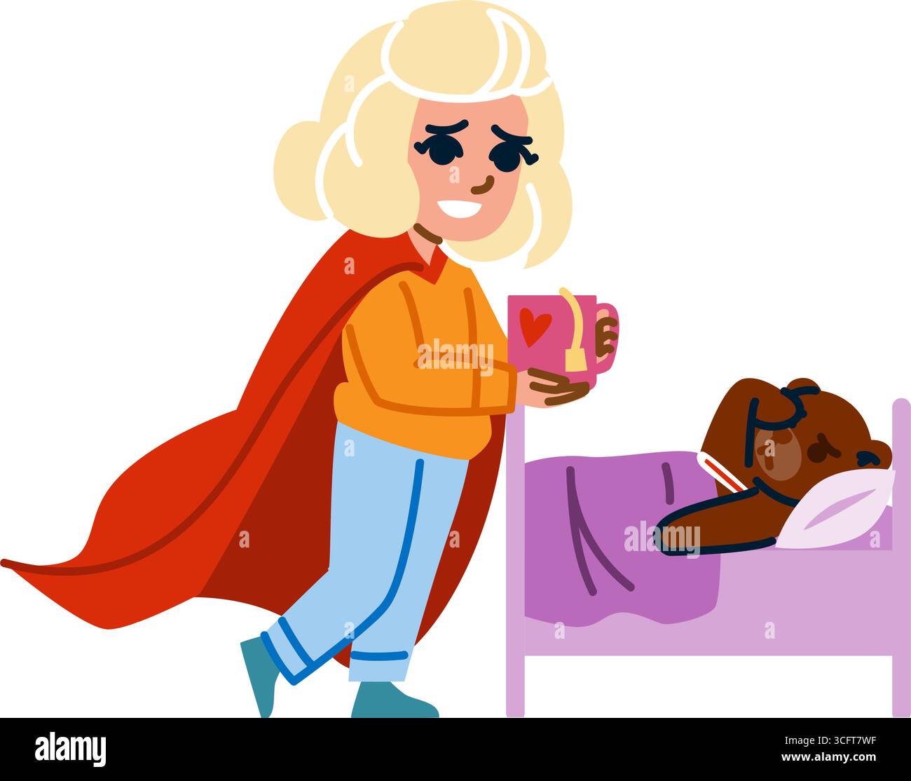 Superhero girl bringing hot beverage to sick teddy bear in bed Stock ...