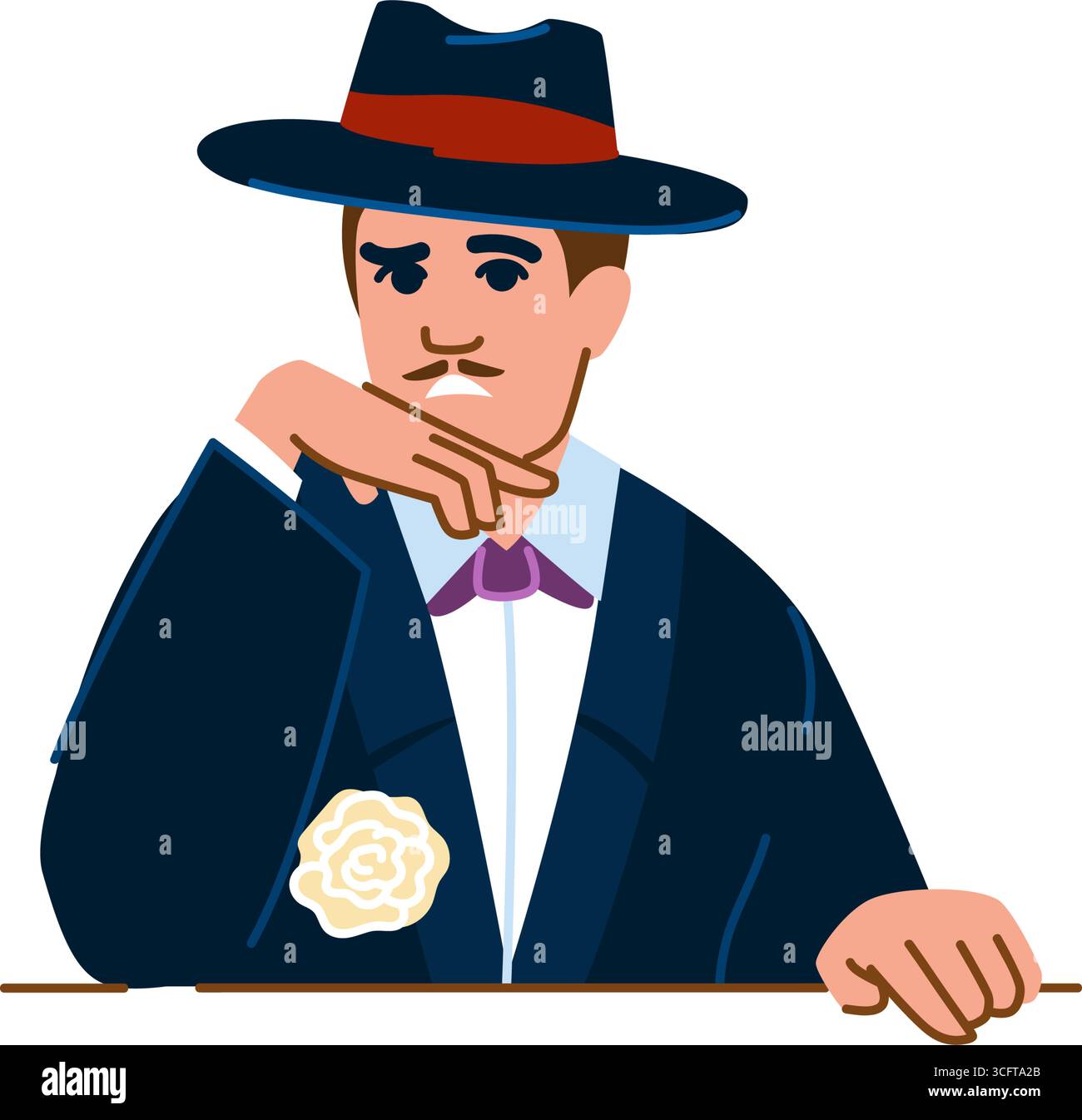 Elegant mafioso touching chin posing with serious face expression Stock ...