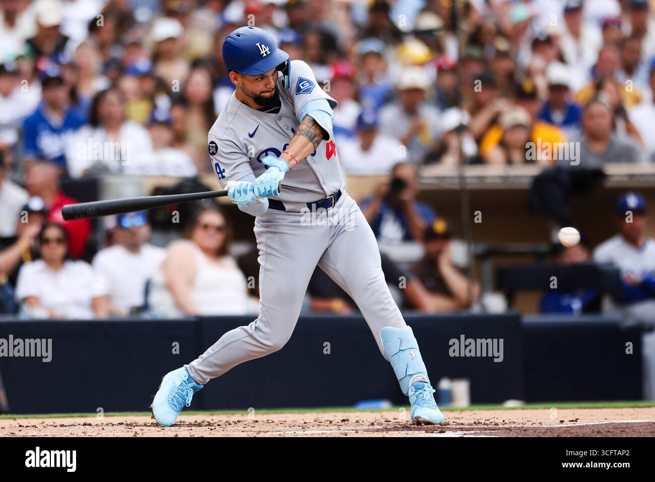 Los Angeles Dodgers' Andy Pages swings at a pitch against the San Diego ...