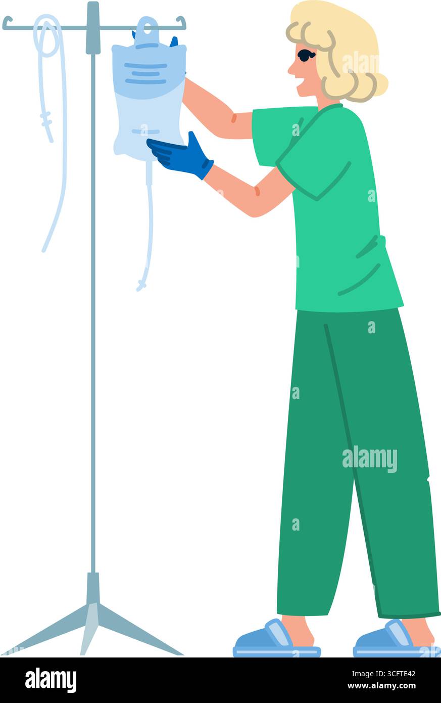 Nurse preparing saline solution bag for intravenous infusion therapy ...