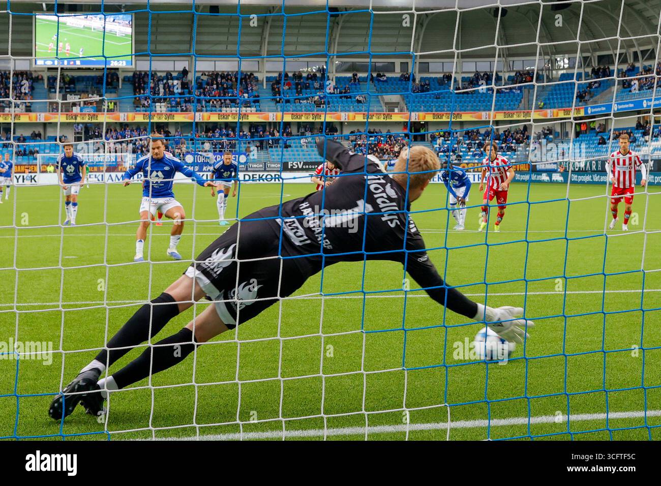 Molde 20250824. Molde's Fredrik Gulbrandsen scores from a penalty kick ...