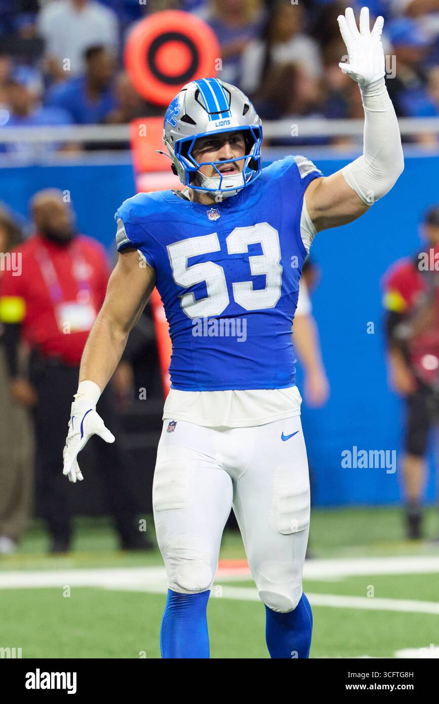 Detroit Lions linebacker Trevor Nowaske (53) signal on the field against the Houston Texans ...