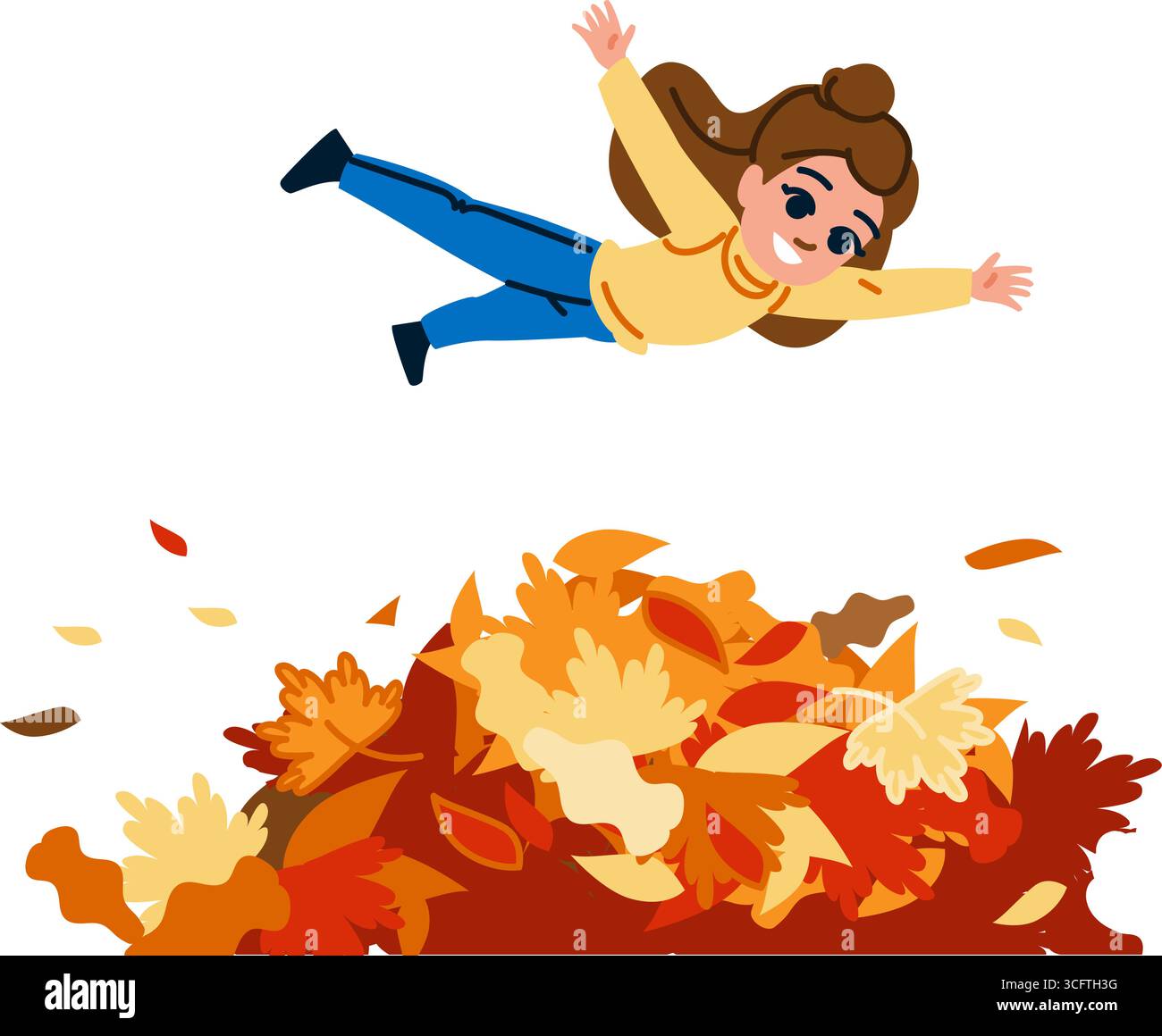 Happy girl diving into pile of autumn leaves Stock Vector Image & Art ...