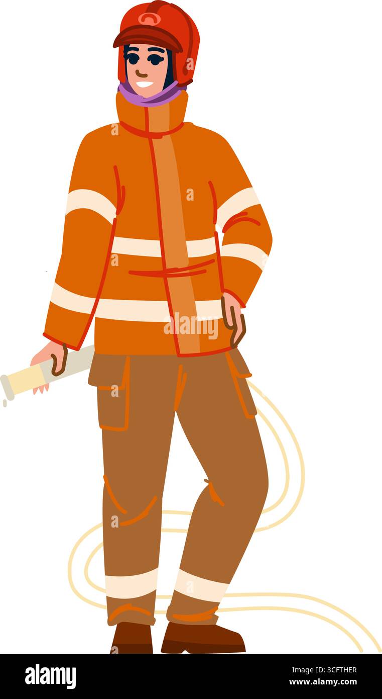 Firefighter holding fire hose and smiling, ready for action Stock Vector Image & Art - Alamy