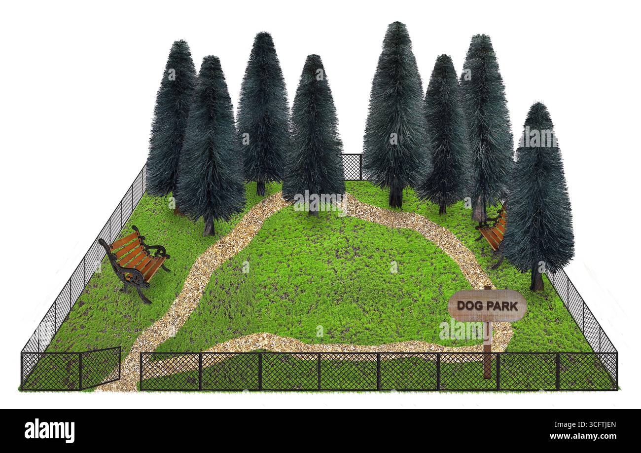 A fenced dog park with tree and benches to allow dogs to run freely ...